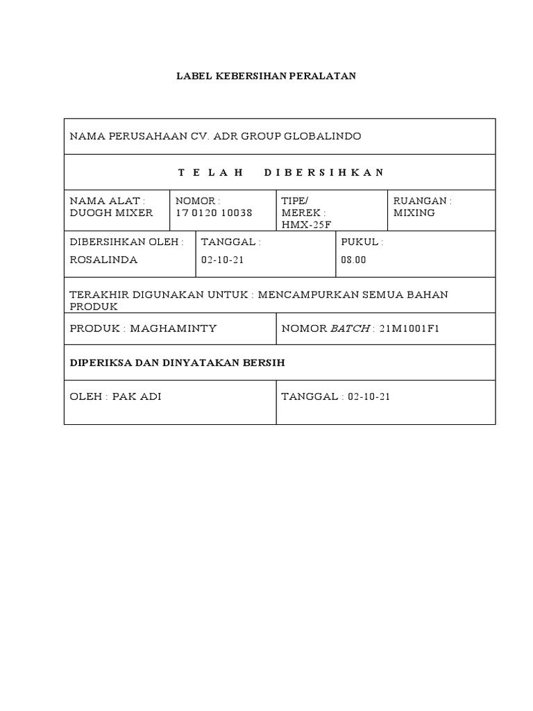 Label Status Kebersihan Peralatan Produksi | PDF