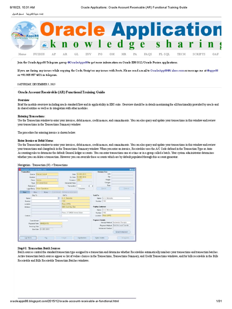 Oracle Applications - Oracle Account Receivable (AR) Functional ...
