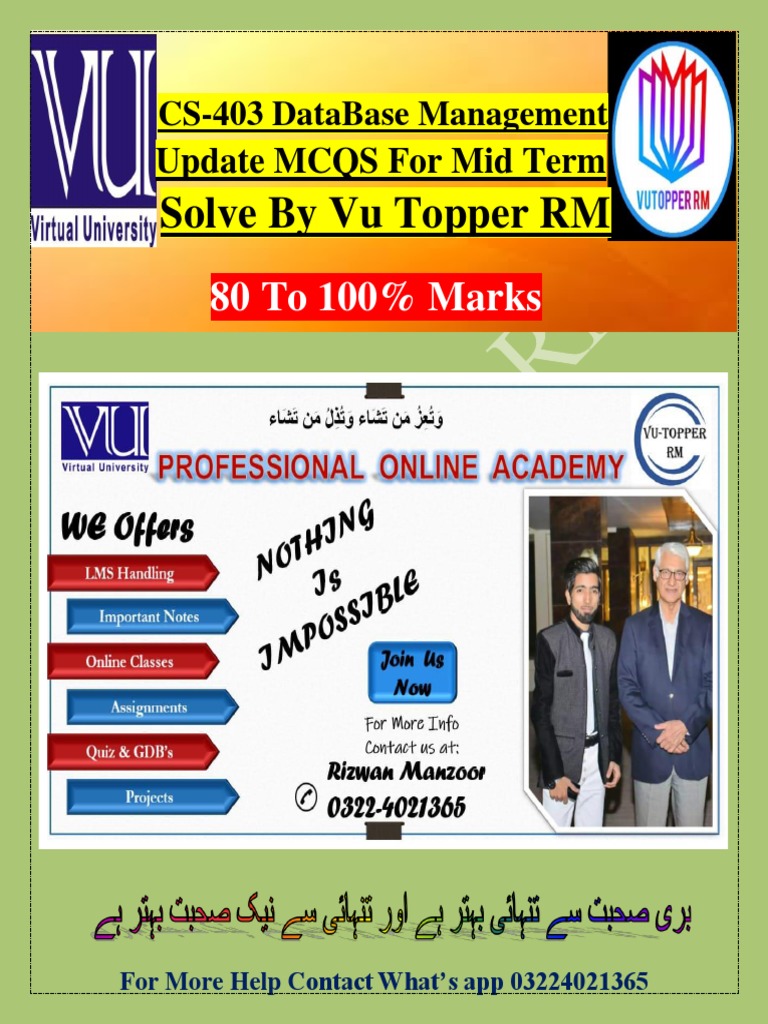 CS403 Mcqs Mid Term by Vu Topper RM-1-1 | PDF | Databases | Relational Database