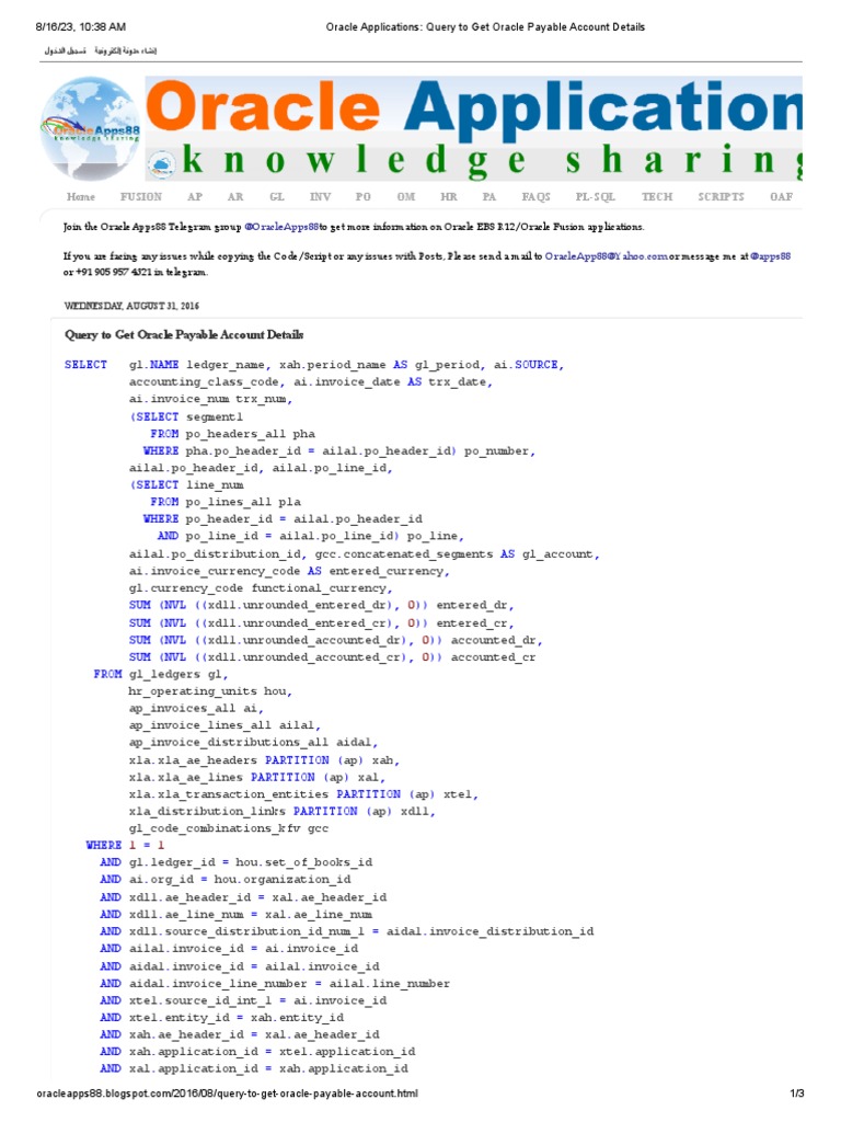 Oracle Applications - Query To Get Oracle Payable Account Details | PDF