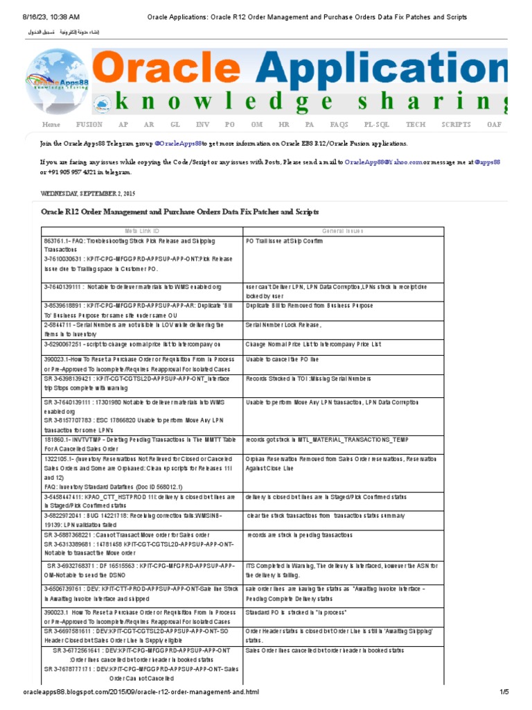 Oracle Applications - Oracle R12 Order Management and Purchase Orders Data Fix Patches and ...