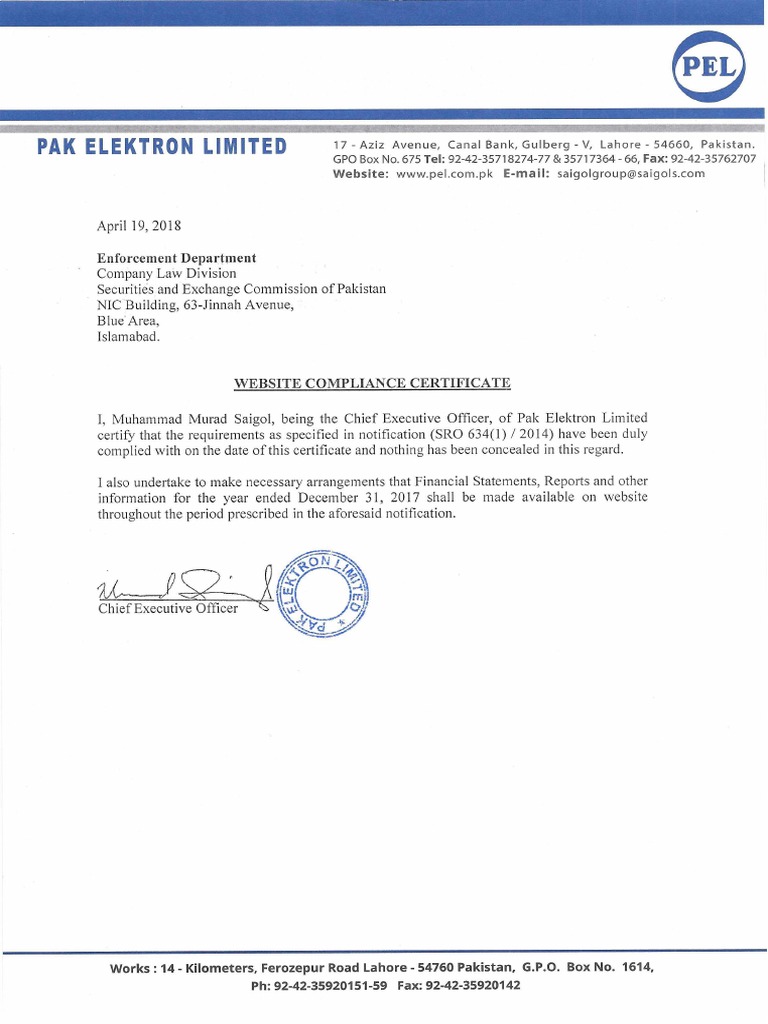 PEL Compliance Certificate | PDF