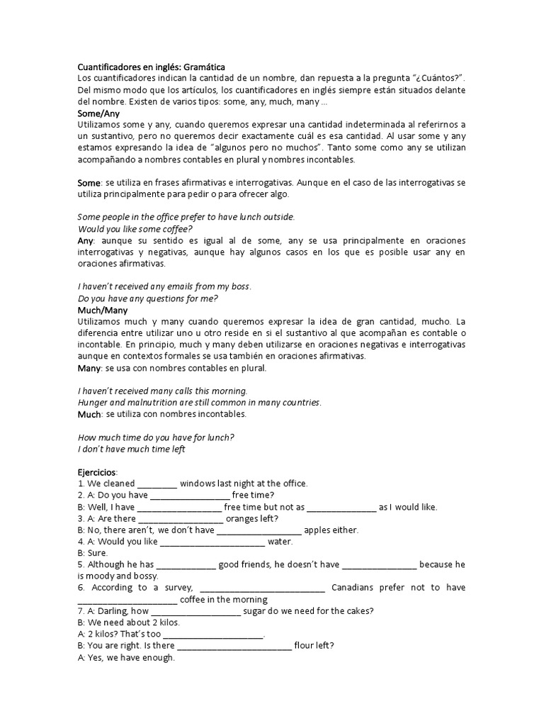 Quantifiers + Exercises English | PDF