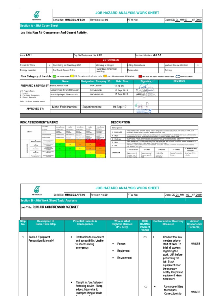 JHA - Run Air Compressor Genset rev00-signed-signed | PDF | Hazards ...