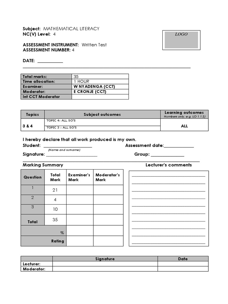 Maths Lit L4 - Before FBC Moderation | PDF