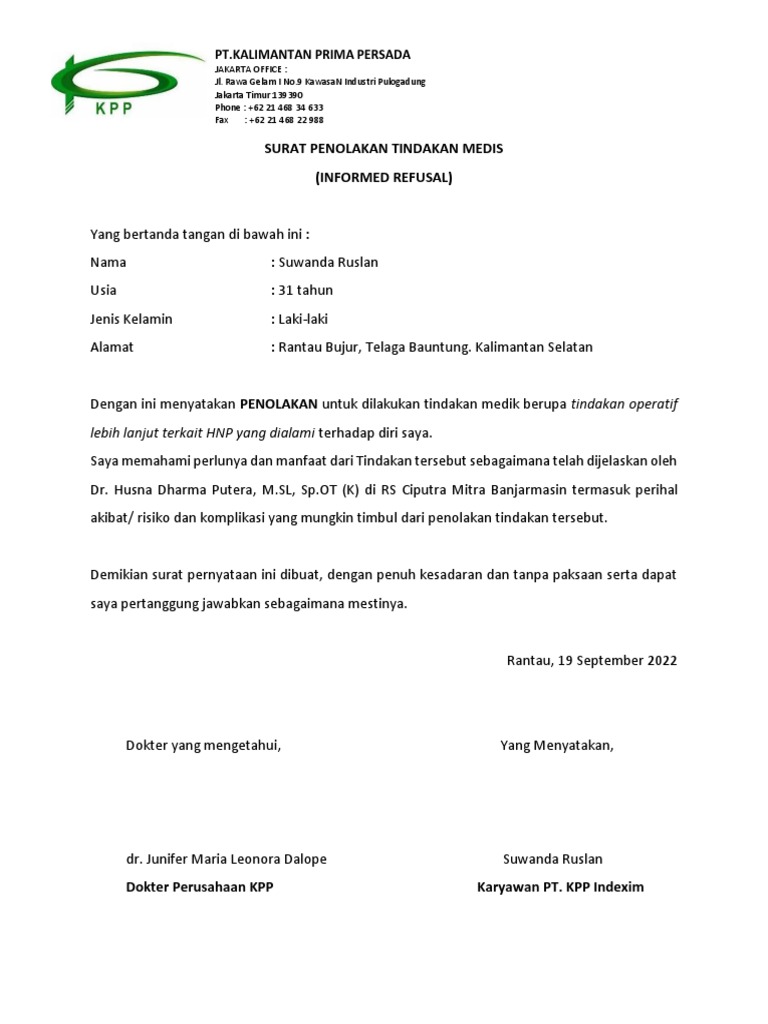 SURAT PENOLAKAN TINDAKAN MEDIS Operasi HNP - Suwanda Ruslan | PDF