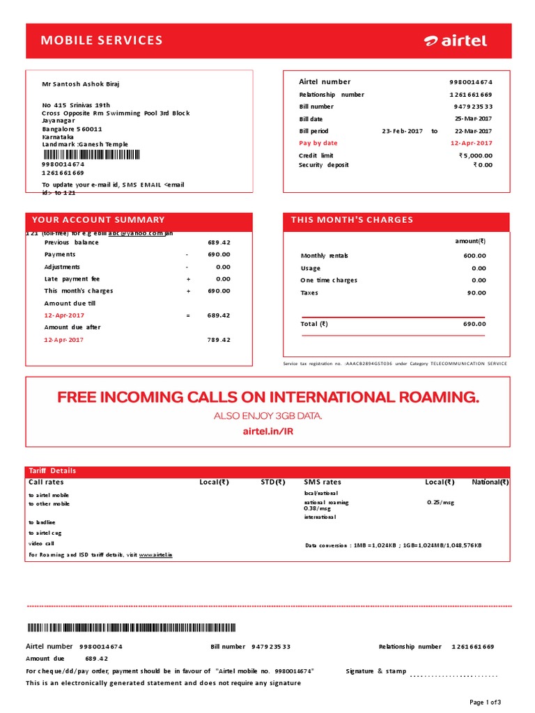 Sample Airtel Bill | PDF
