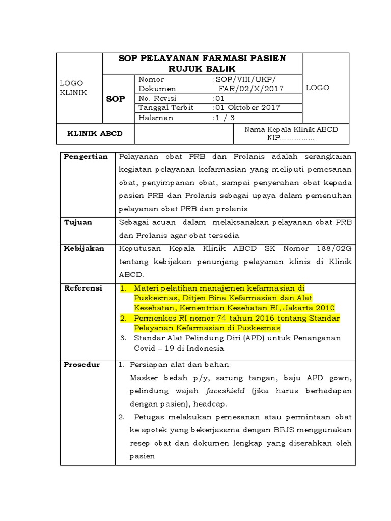 SOP Pelayanan Obat PRB di Klinik | PDF