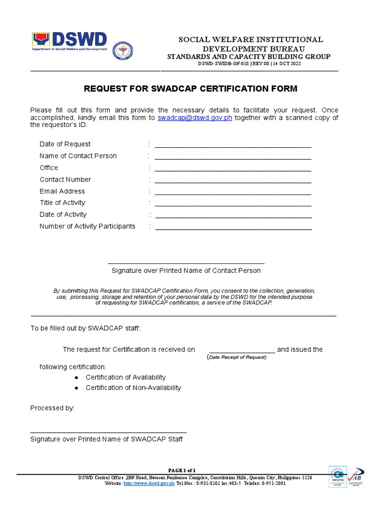 DSWD Swidb GF 018 Rev 00 Request For Swadcap Certification | PDF | Computing | Information ...