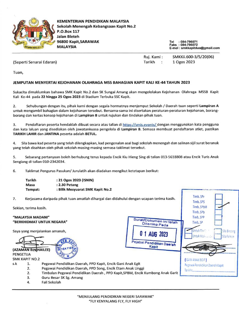 Surat Jemputan Kejohanan Olahraga MSS Bahagian Kapit | PDF