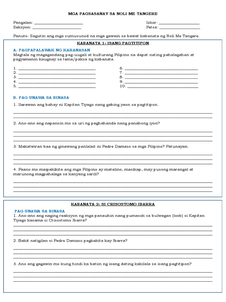 Mga Pagsasanay Sa Noli Me Tangere | PDF