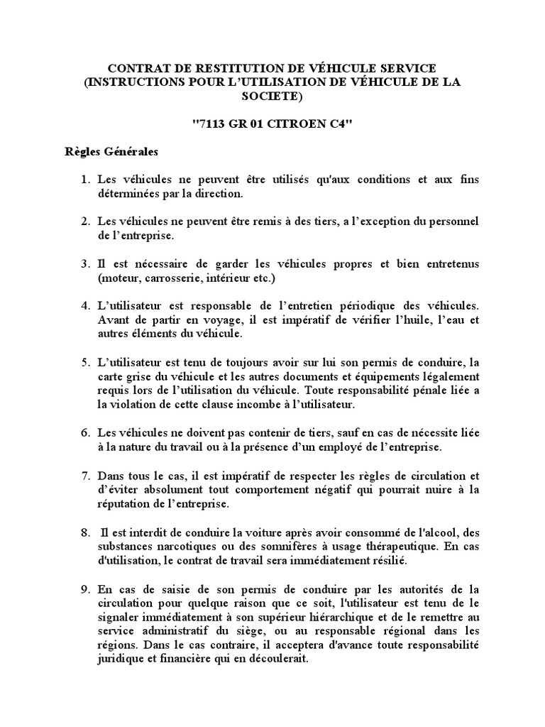 FORM - AA - 001 - FR - Contrat de Restitution de Vehicule de Service | PDF