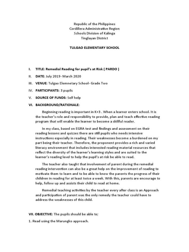 Remedial Reading Proposal for At-Risk Pupils | PDF | Teachers | Learning