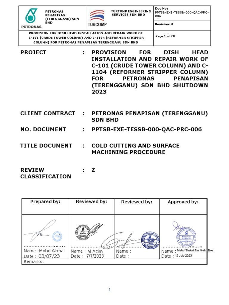 (Pptsb-exe-tessb-000-Qac-prc-006) Cold Cutting and Surface Machining ...