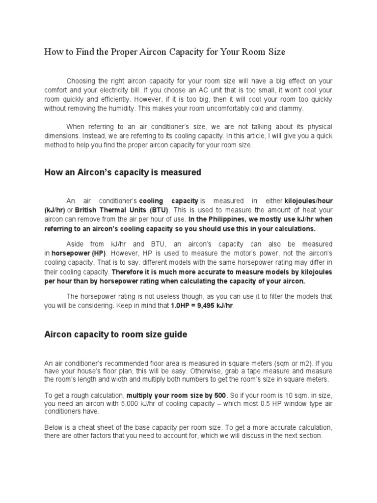 How To Find The Proper Aircon Capacity For Your Room Size | PDF | Air ...