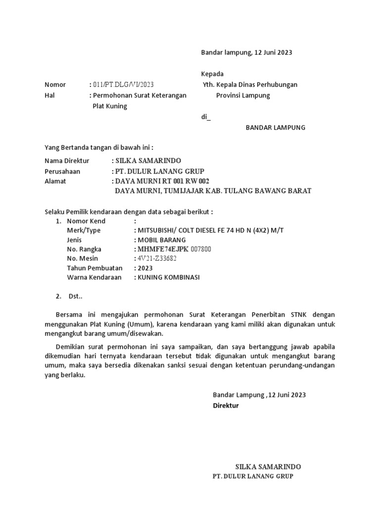 Surat Rekom Plat Kuning PT - Dulur Lanang | PDF