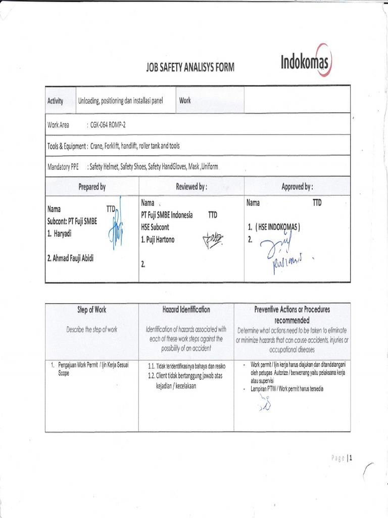 JSA Unloading Positioning and Installasi Panel | PDF