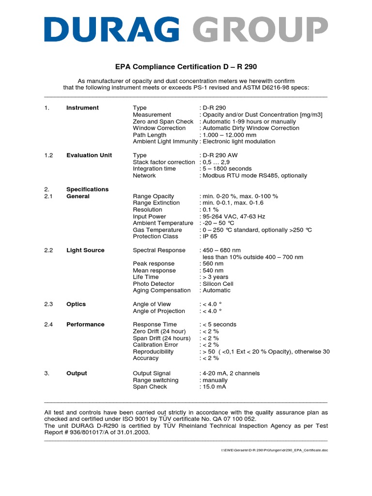 EPA Compliance Certification D R 290 | PDF
