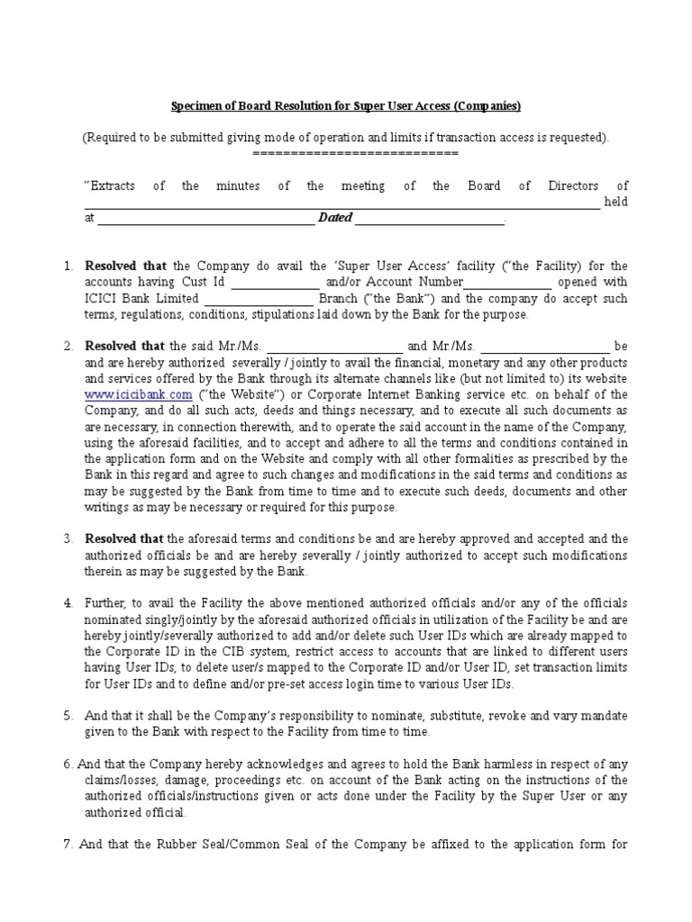Specimen of Board Resolution For Super User Access 4.2 | PDF | Business