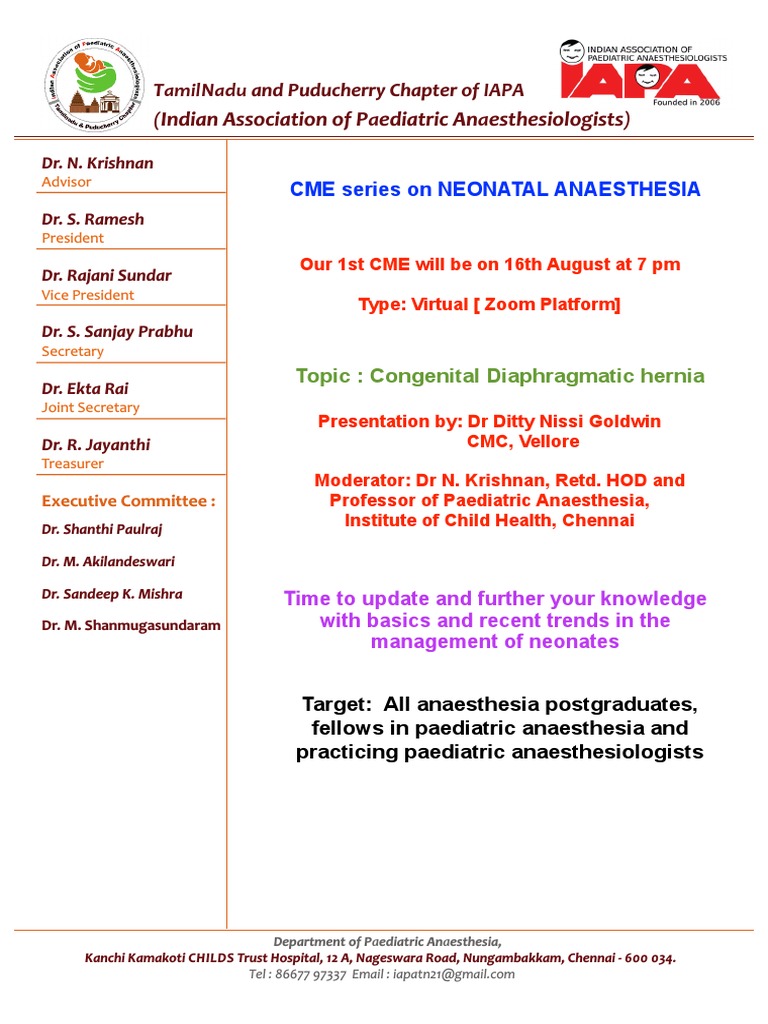 CME Series On Neonatal Anaesthesia TN and Puducherry IAPA | PDF