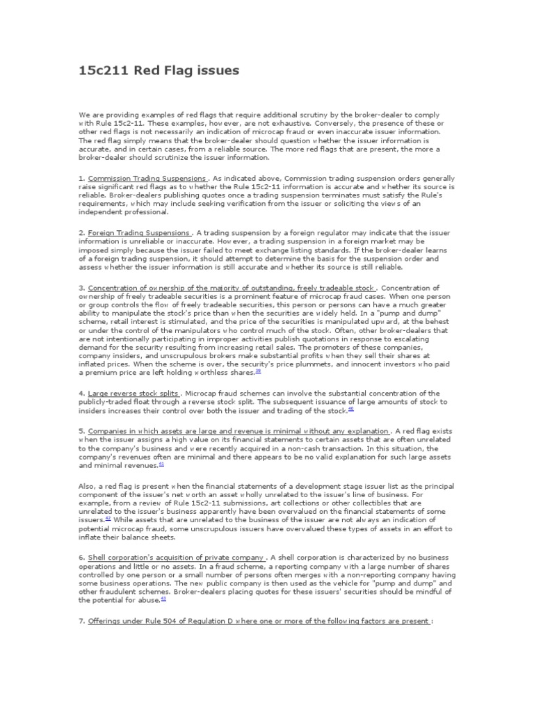 15c211 Red Flag Issues | PDF | Securities (Finance) | Securities Act Of ...