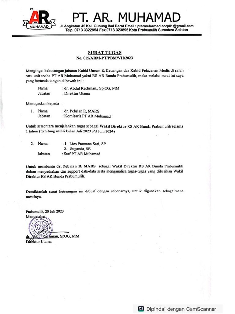 Surat Tugas Wadir RS AR Bunda Prabumulih | PDF