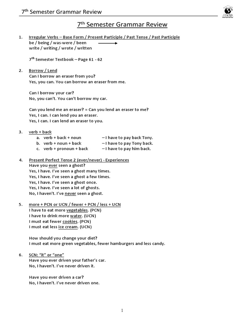 7th Semester Grammar Review Guide | PDF