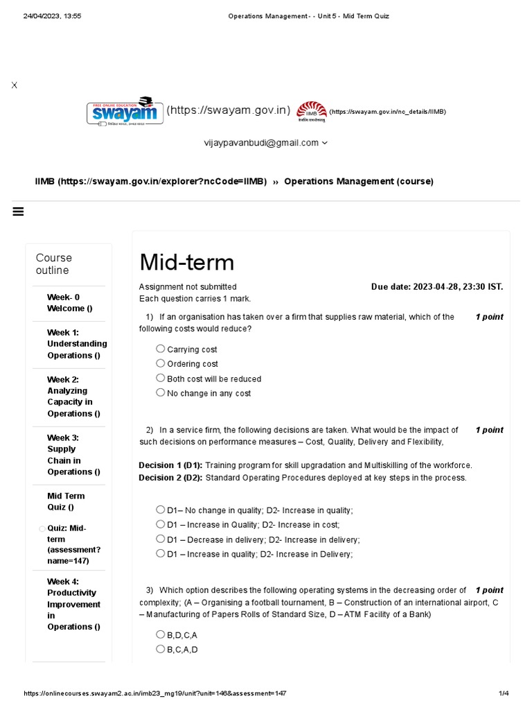 Operations Management - Mid Term Quiz | PDF