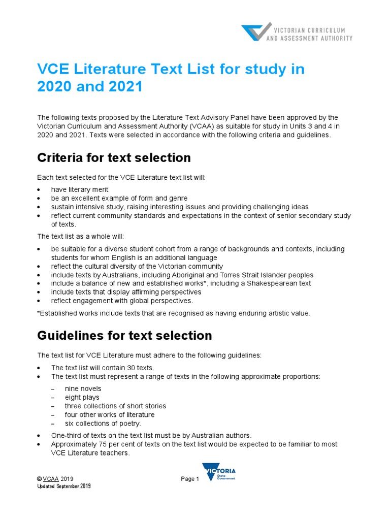 2020 Literature Text List | PDF
