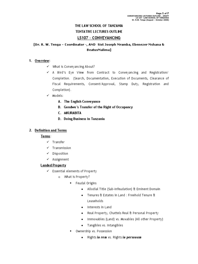 Tentative Lectures Outline - Conveyancing LS 107 - DR (1) - Tenga Sist ...