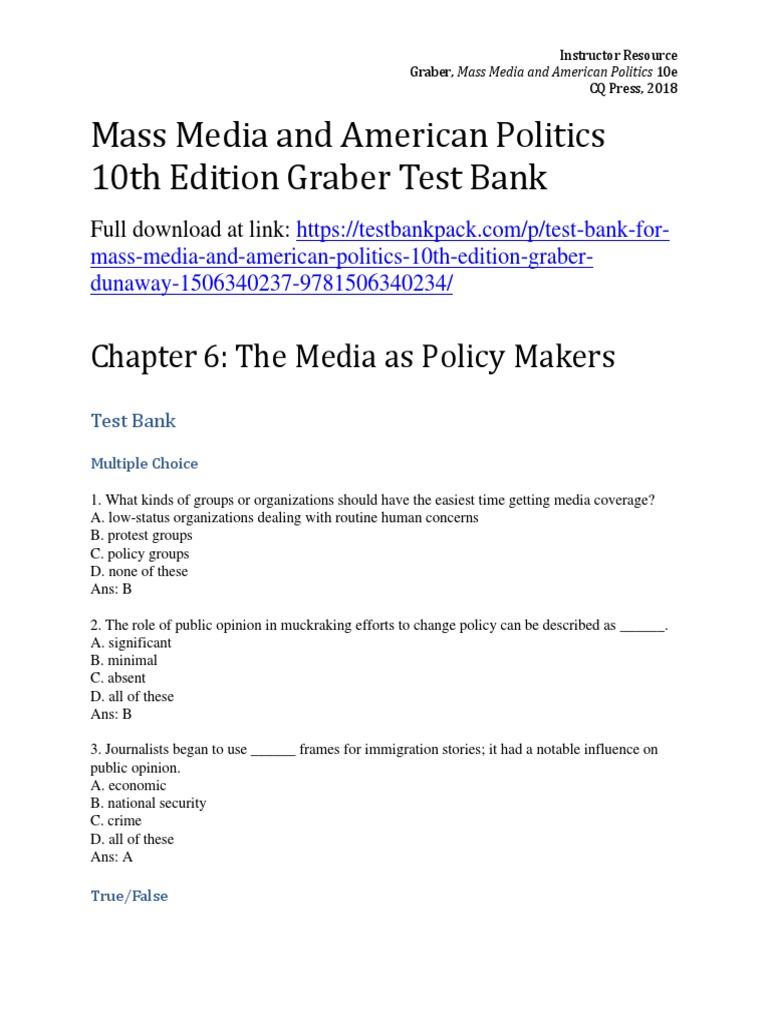 Mass Media and American Politics 10th Edition Graber Test Bank Download ...