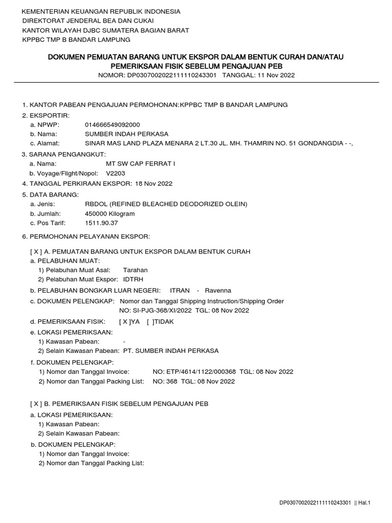 Ekspor RBDOL 450 Ton dari Bandar Lampung | PDF