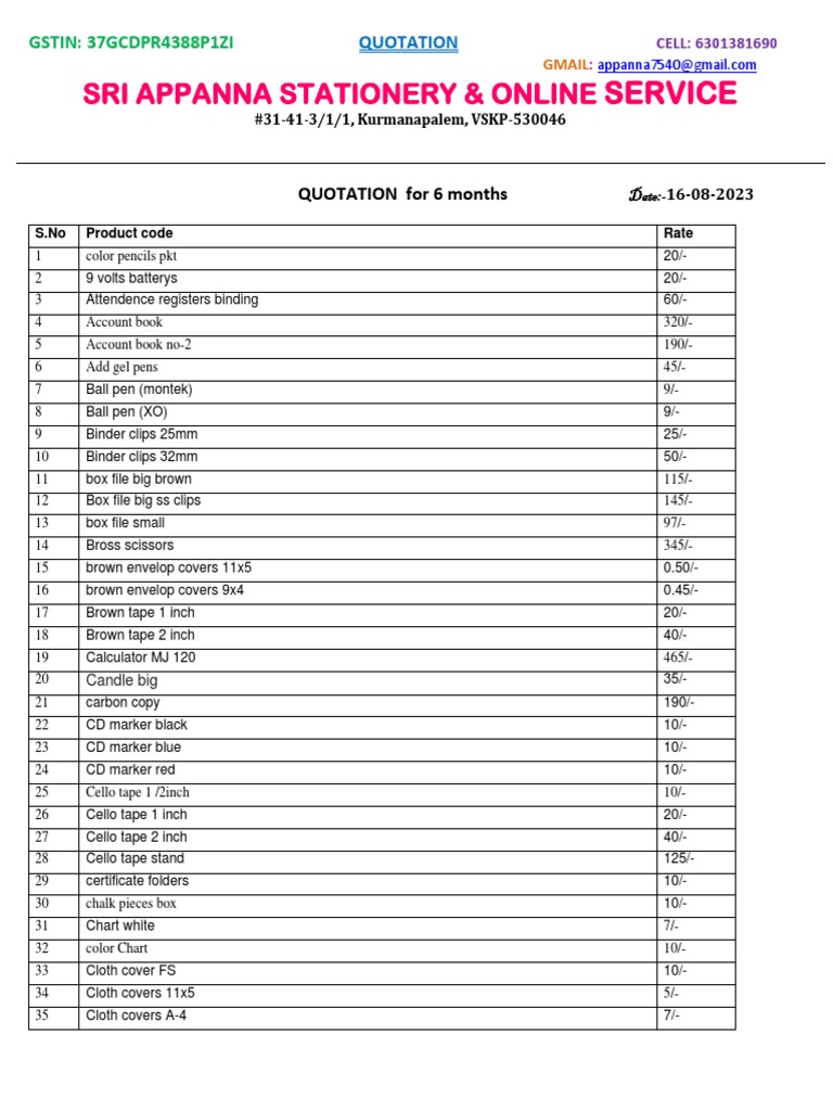 Quotation For Stationery Items | PDF