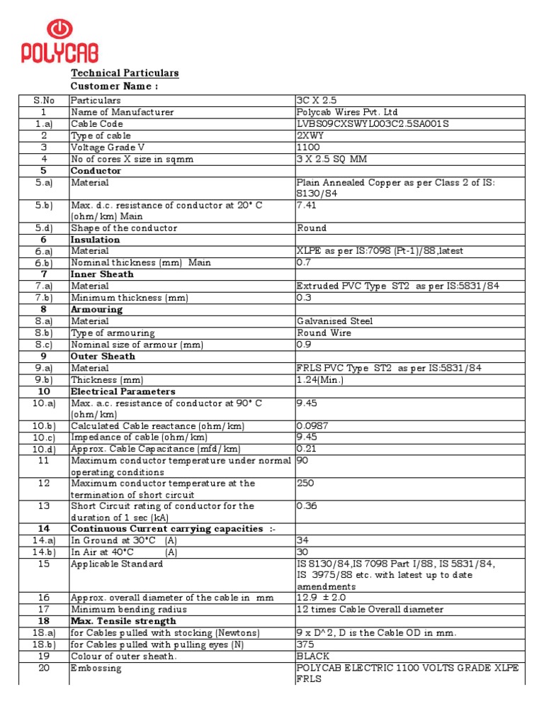 2.5sqmm X 3C Arm Datasheet | PDF | Computers | Technology & Engineering