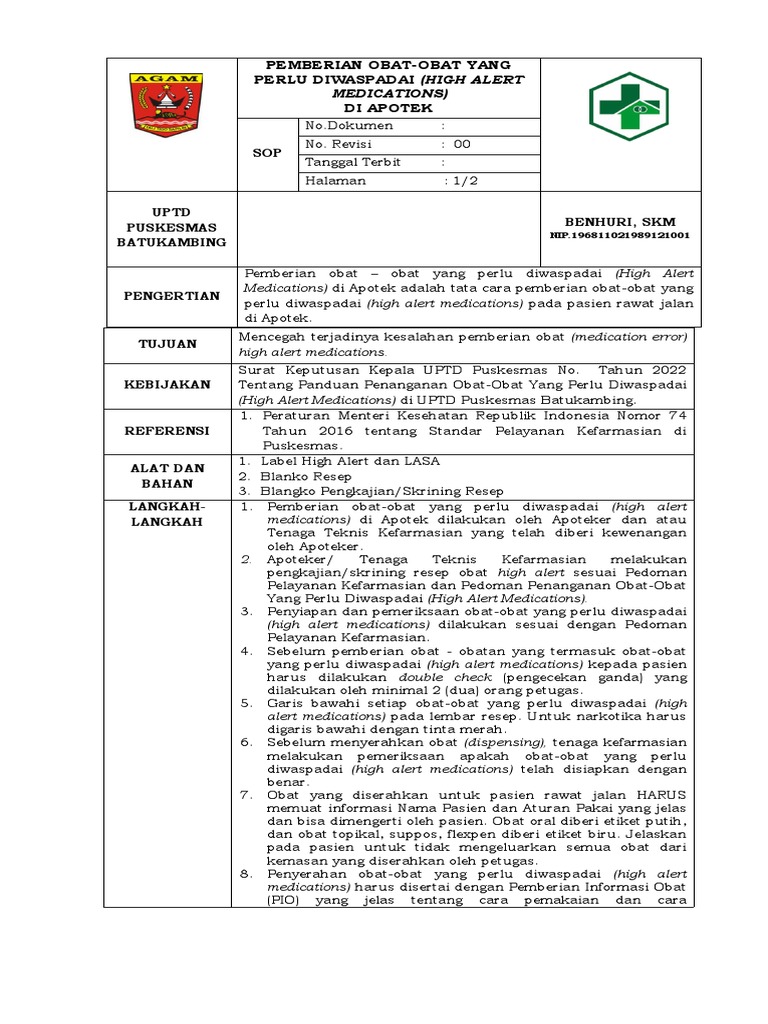 SOP Dispensing High Alert | PDF