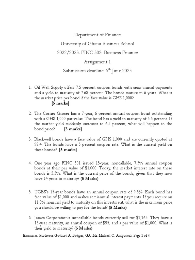 FINC 302 Assignment 1 2023-1 | PDF