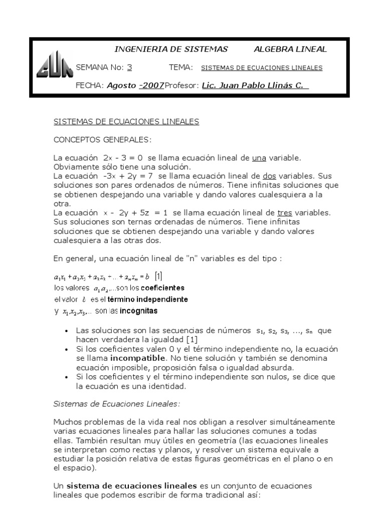 Semana 3. Algebra Lineal. Sist. de Ecuac | PDF | Ecuaciones | Determinante