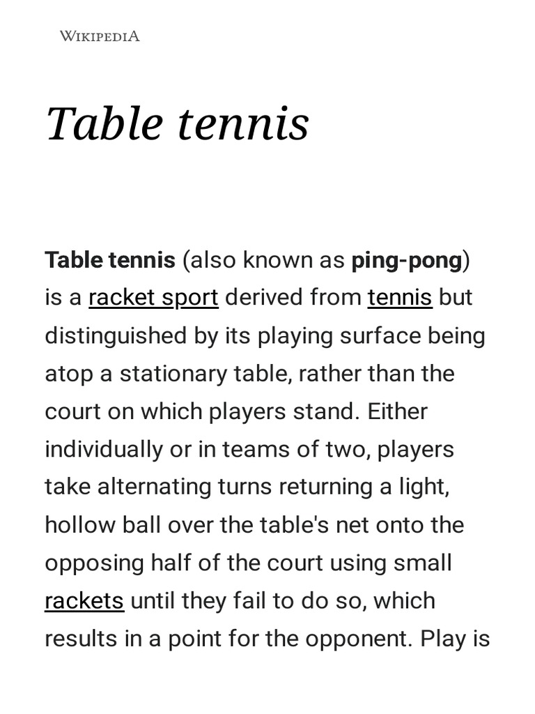 Table Tennis - Wikipedia | PDF | Table Tennis | Games Of Physical Skill