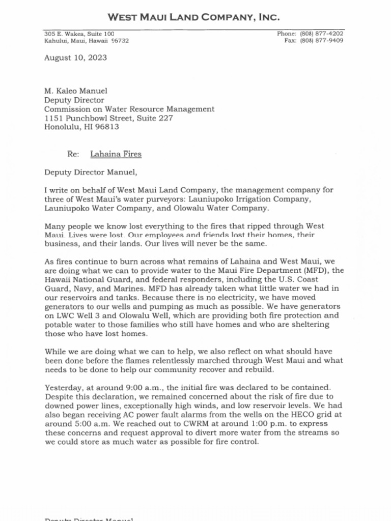 FINAL 20230810 CWRM W Maui Fire LTR From WMLC | PDF | Law | Home & Garden