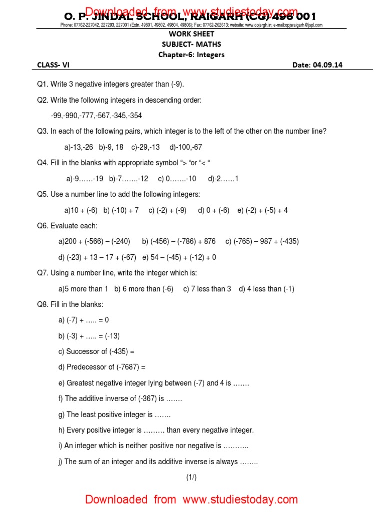 CBSE Class 6 Integers Worksheet (9) | PDF