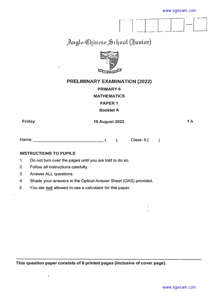2022 Primary 6 Math Exam Paper 1 | PDF