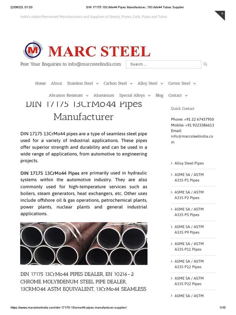 DIN 17175 13CrMo44 Pipes Manufacturer, 13CrMo44 Tubes Supplier | PDF