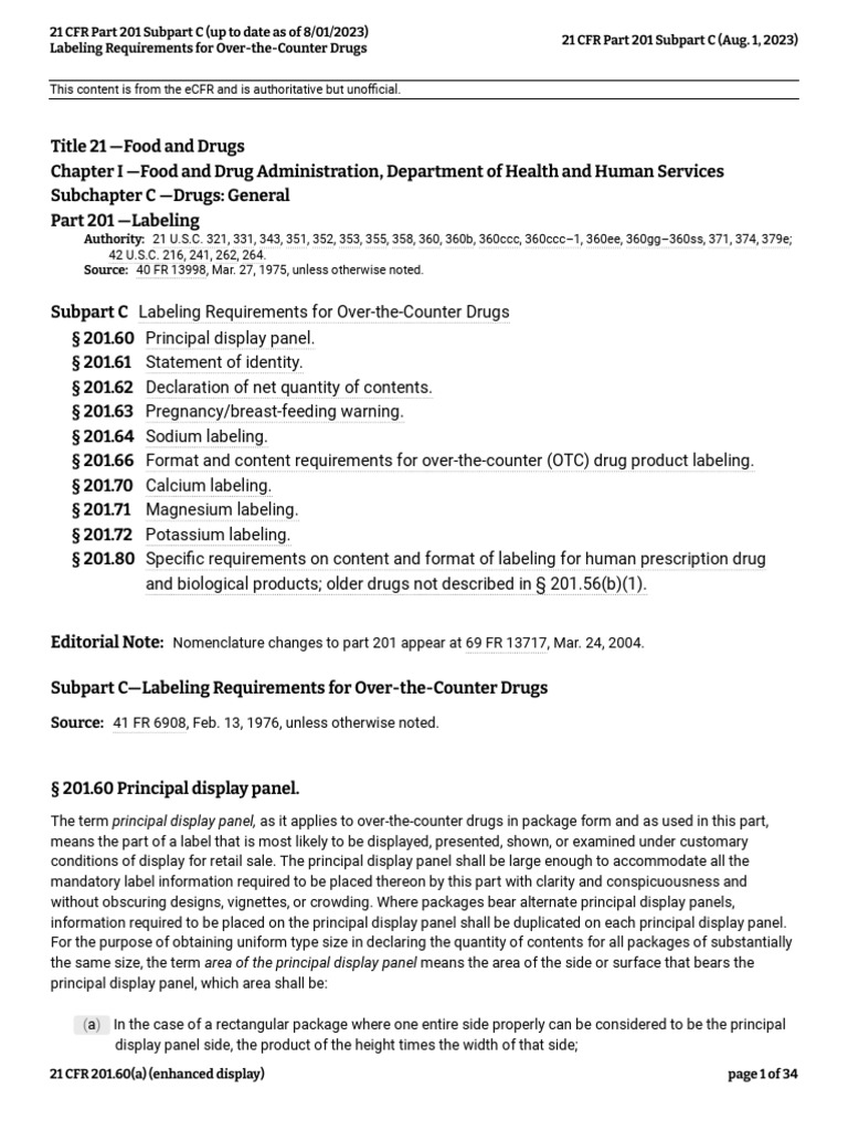 21 CFR Part 201 Subpart C (Up To Date As of 8-01-2023) | PDF