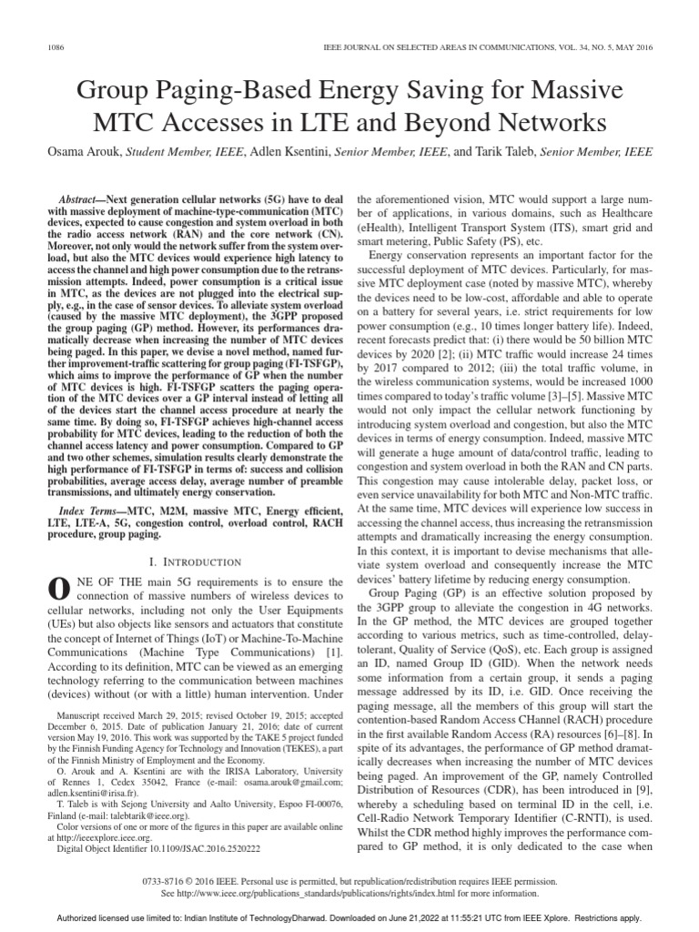 Group Paging-Based Energy Saving For Massive MTC Accesses in LTE and Beyond Networks | PDF ...