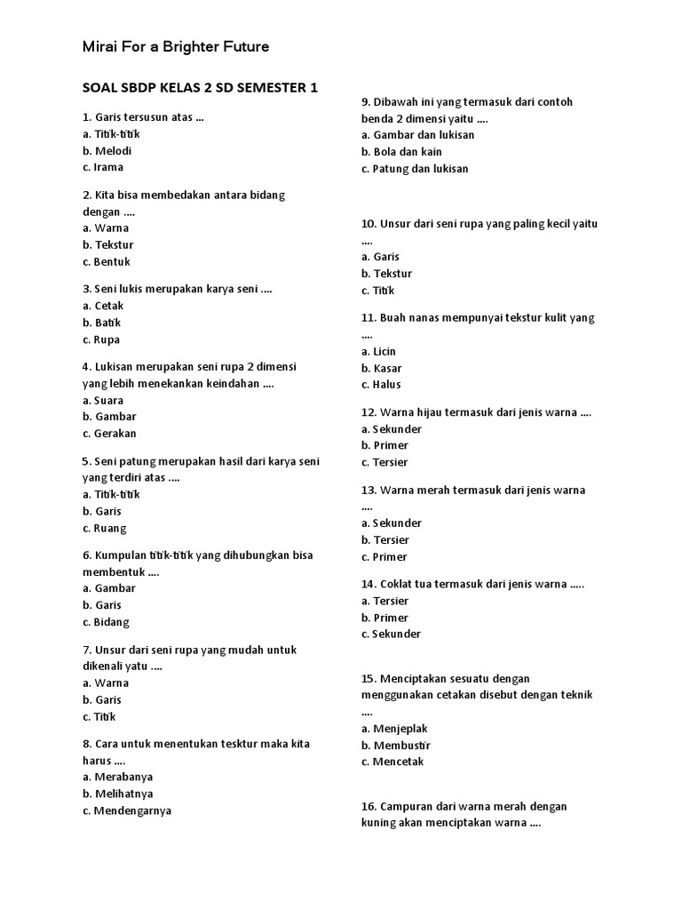 Soal SBDP Kelas 2 Semester 1 | PDF