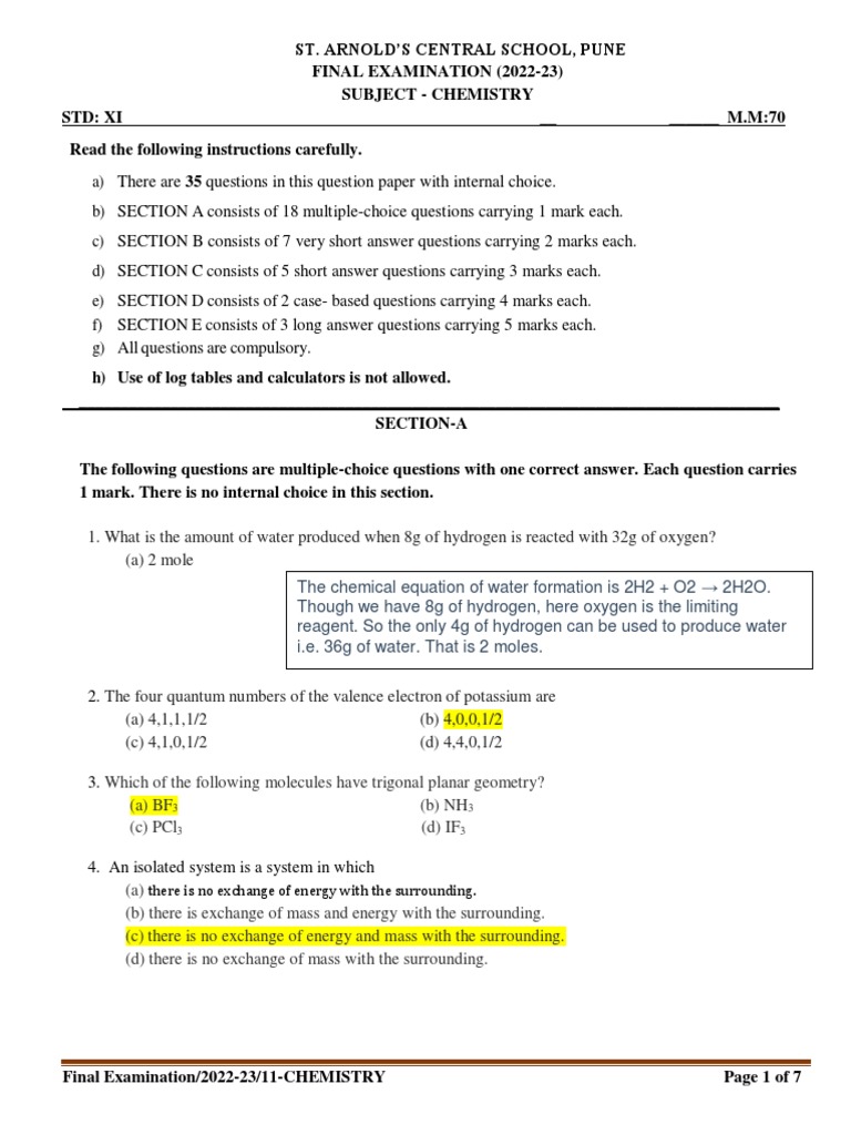 Class 11 Chemistry Final Exam 2022-23 | PDF | Molecular Orbital ...