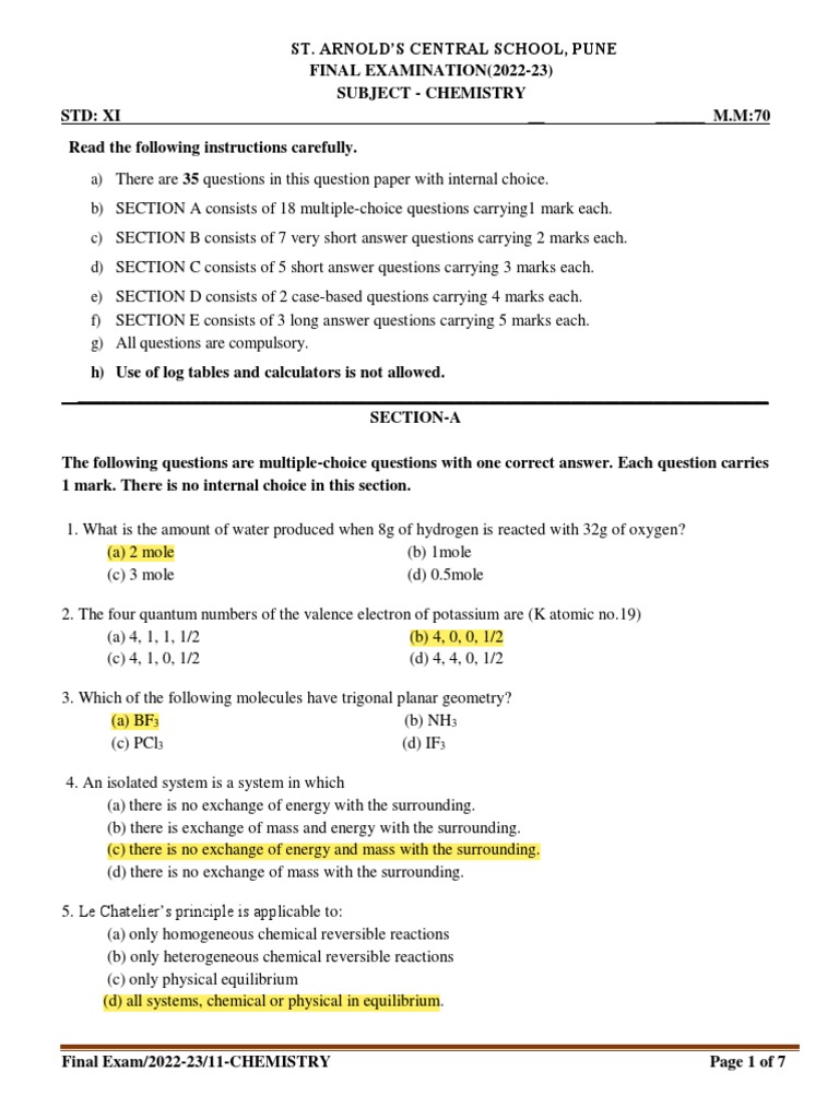 Chemistry Mock Paper | PDF | Molecular Orbital | Chemical Equilibrium