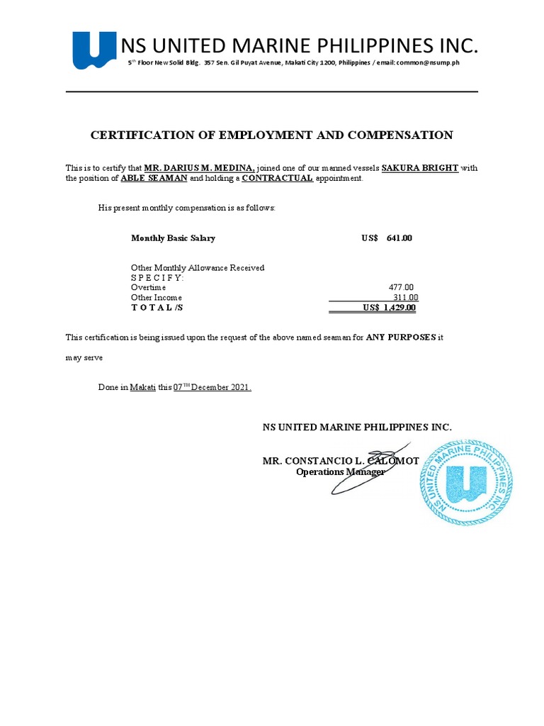 Employment and Compensation Certificate | PDF