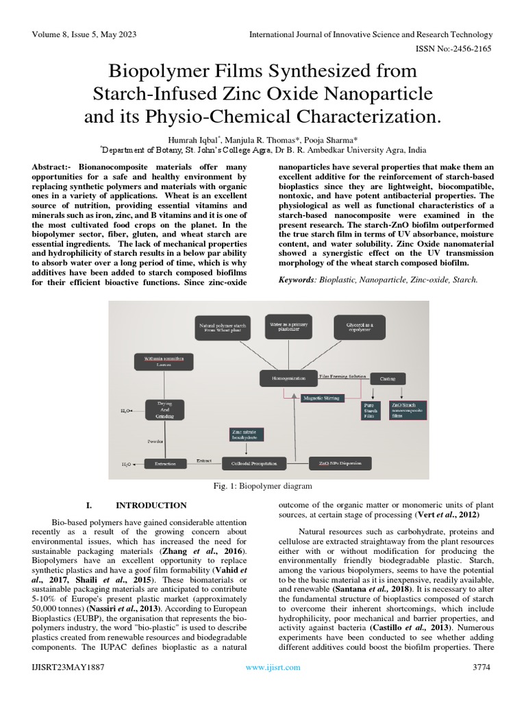 Biopolymer Films Synthesized From Starch-Infused Zinc Oxide Nanoparticle and Its Physio-Chemical ...