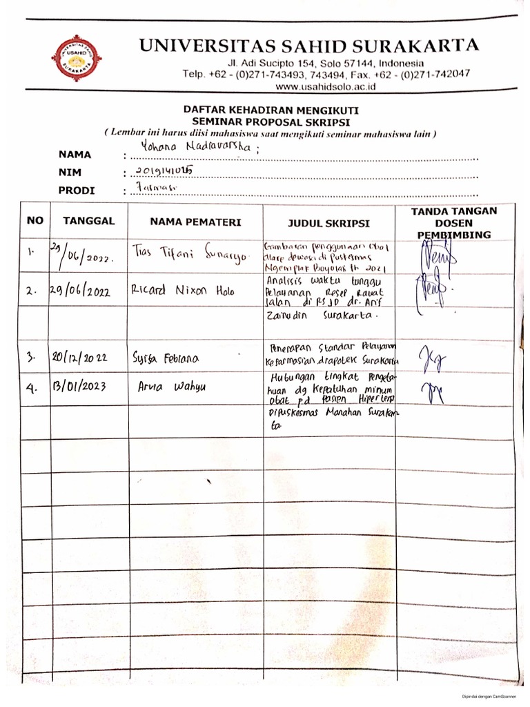Kartu Kehadiran Sempro Nadia | PDF